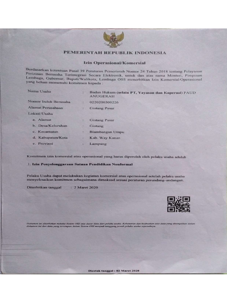 Izin Operasional Paud Anugrah | PDF