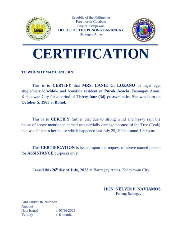 Certification (Damaged House) | PDF