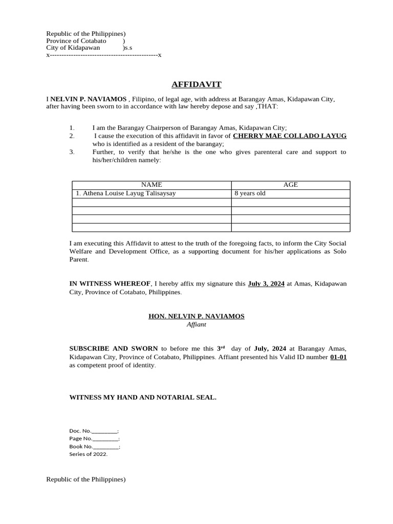SOLO PARENT AFFIDAVIT | PDF