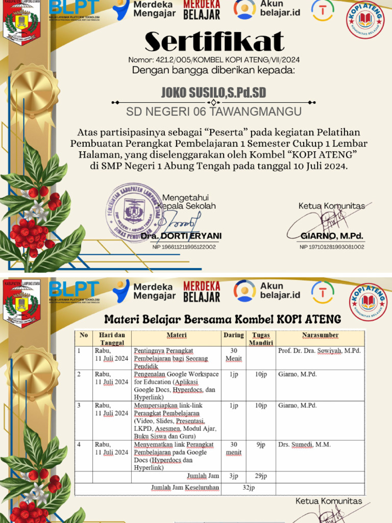 Sertifikat Pelatihan KA05 JOKO SUSILO, S.PD - SD | PDF