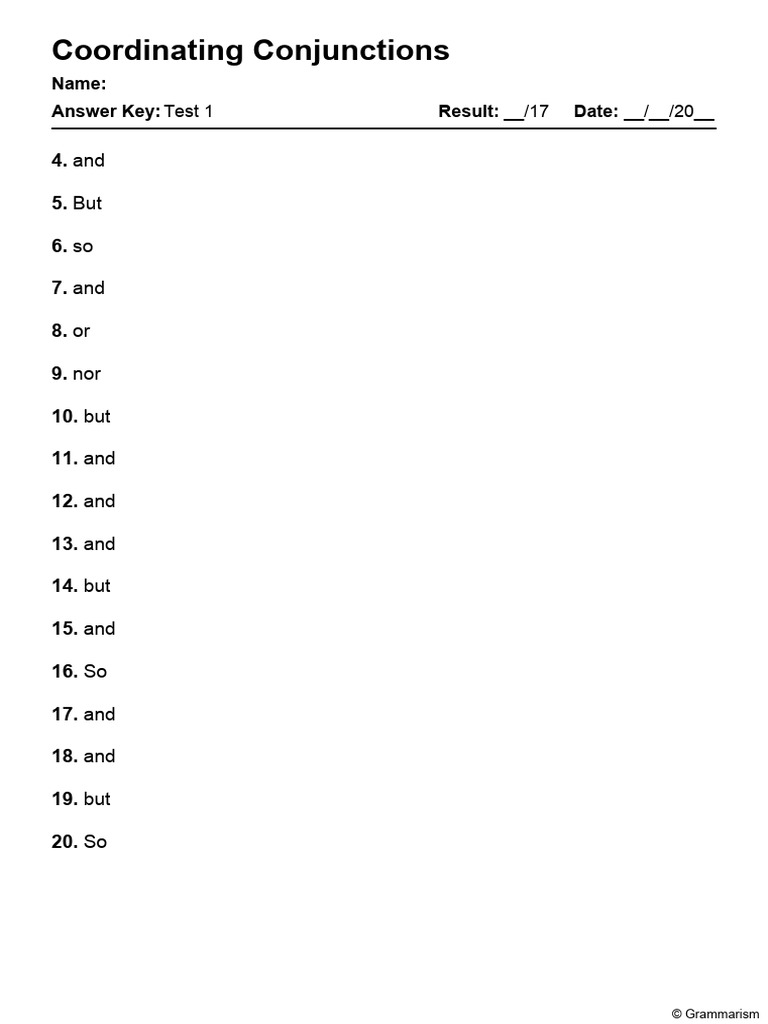 Grammarism Coordinating Conjunctions Test 1 Answers 2468685 | PDF