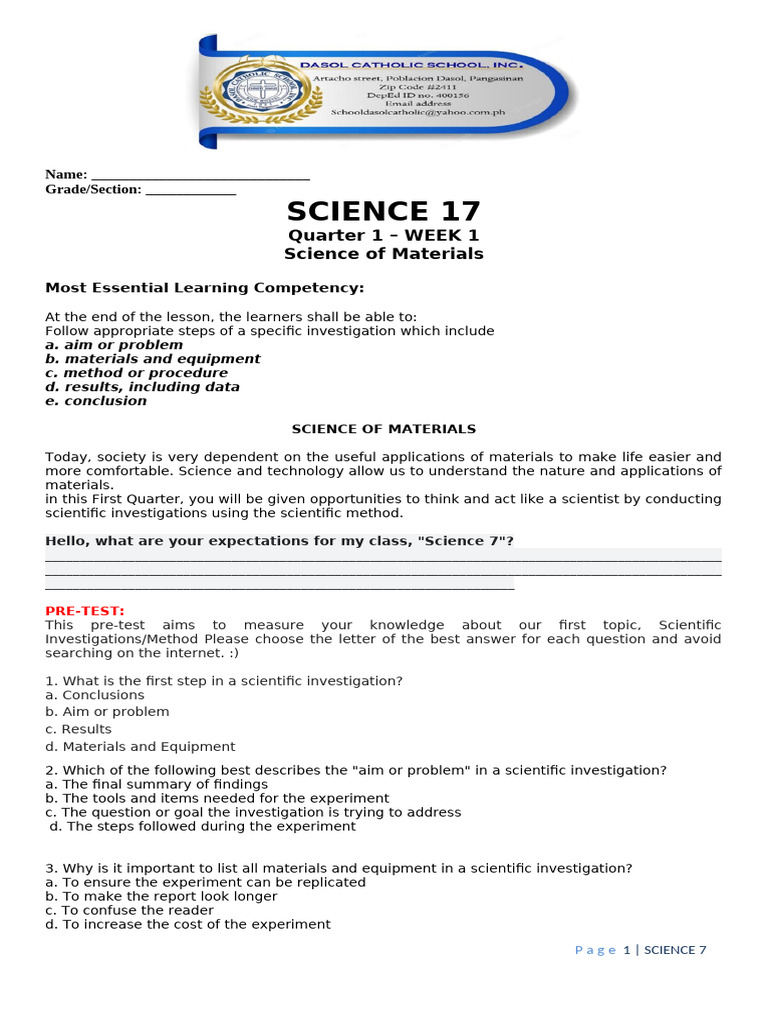 Science 7-Quarter 1-Week 1 | PDF