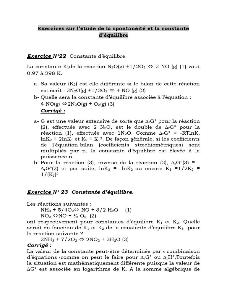 Exercices Sur A Constante Déquilibre | PDF