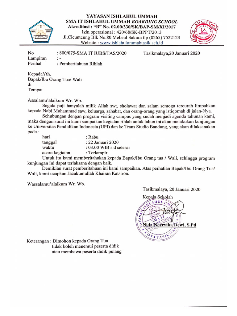 Surat Pemberitahuan Rihlah | PDF