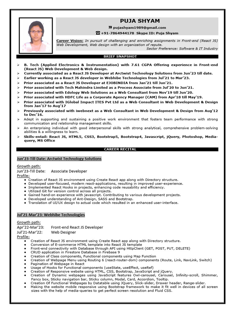 Resume - Front-End Developer - B Tech - Puja Shyam-1 | PDF