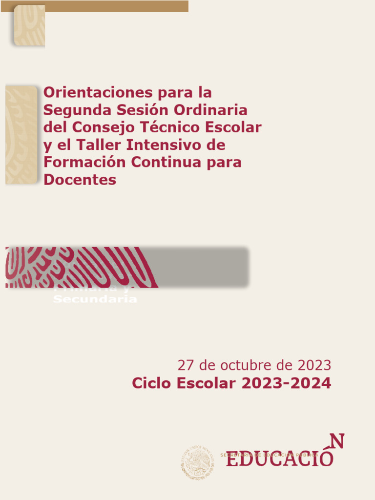 Orientaciones para La Segunda Sesión Ordinaria Del Consejo Técnico Escolar y El Taller Intensivo ...