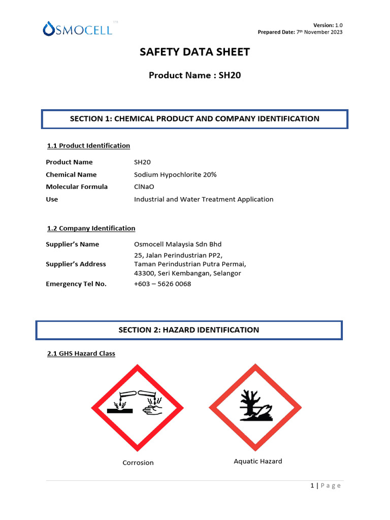 SDS - Sodium Hypo 20% | PDF