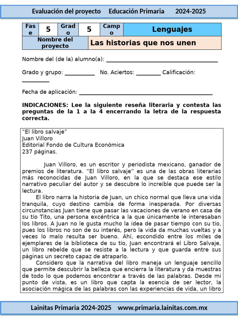 5to Grado Septiembre - Examen 08 Las Historias Que Nos Unen (2024-2025 ...