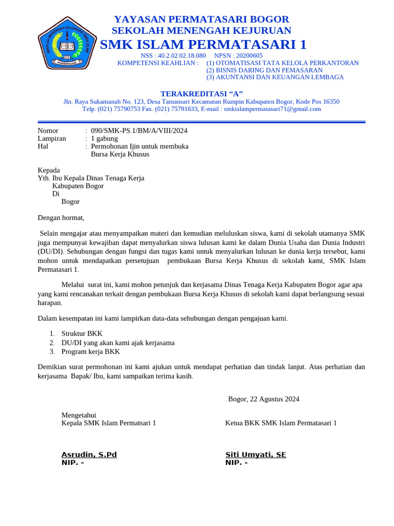 Surat Permohonan Struktur Dan SK BKK PATAS 1 | PDF