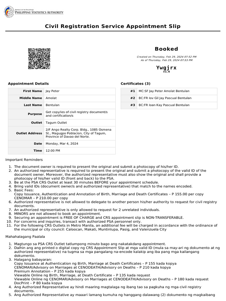 Civil Registration Service Appointment Slip: Ywgjrx | PDF