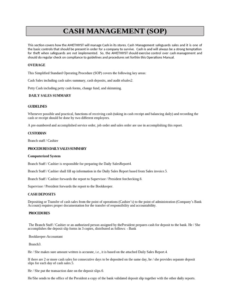 Cash Management (Sop) | PDF