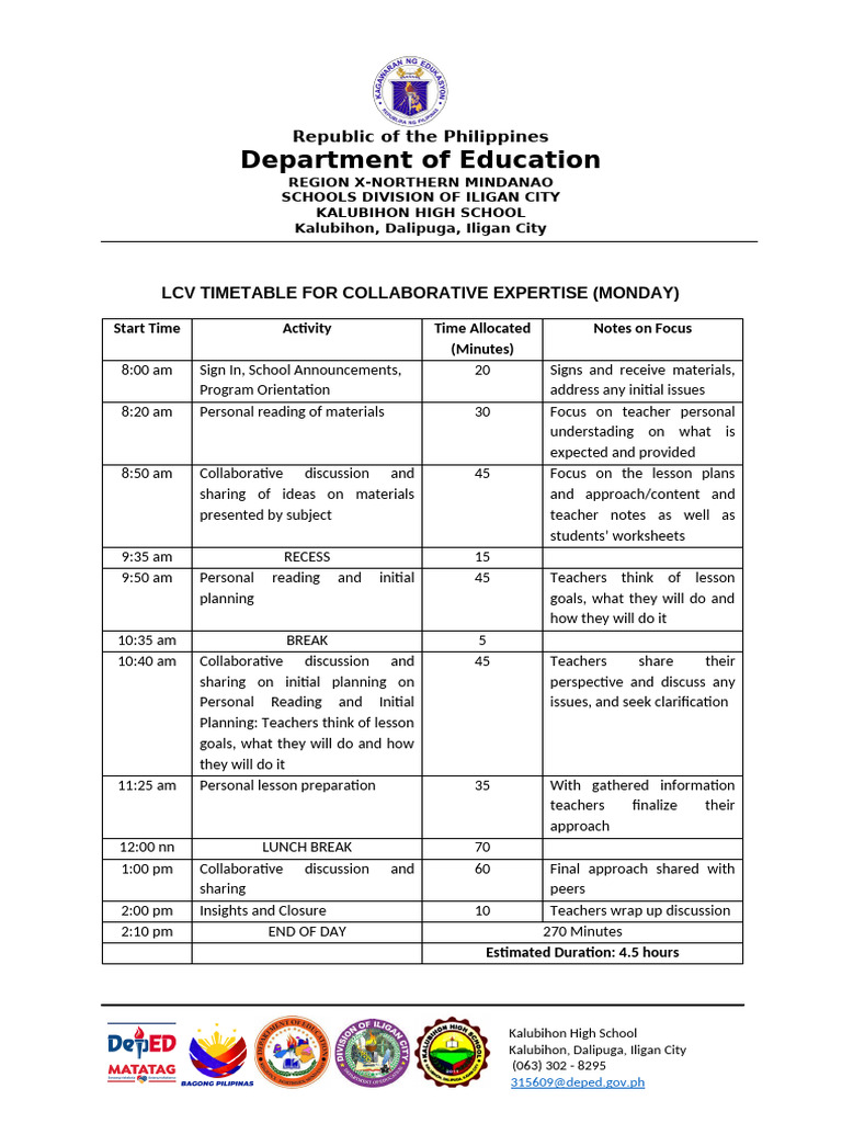 KalubihonHS - LCV Timetable For Collaborative Expertise 2024 | PDF | Teachers | Career & Growth
