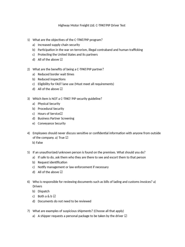 CTPAT Driver Training Test | PDF | Cargo