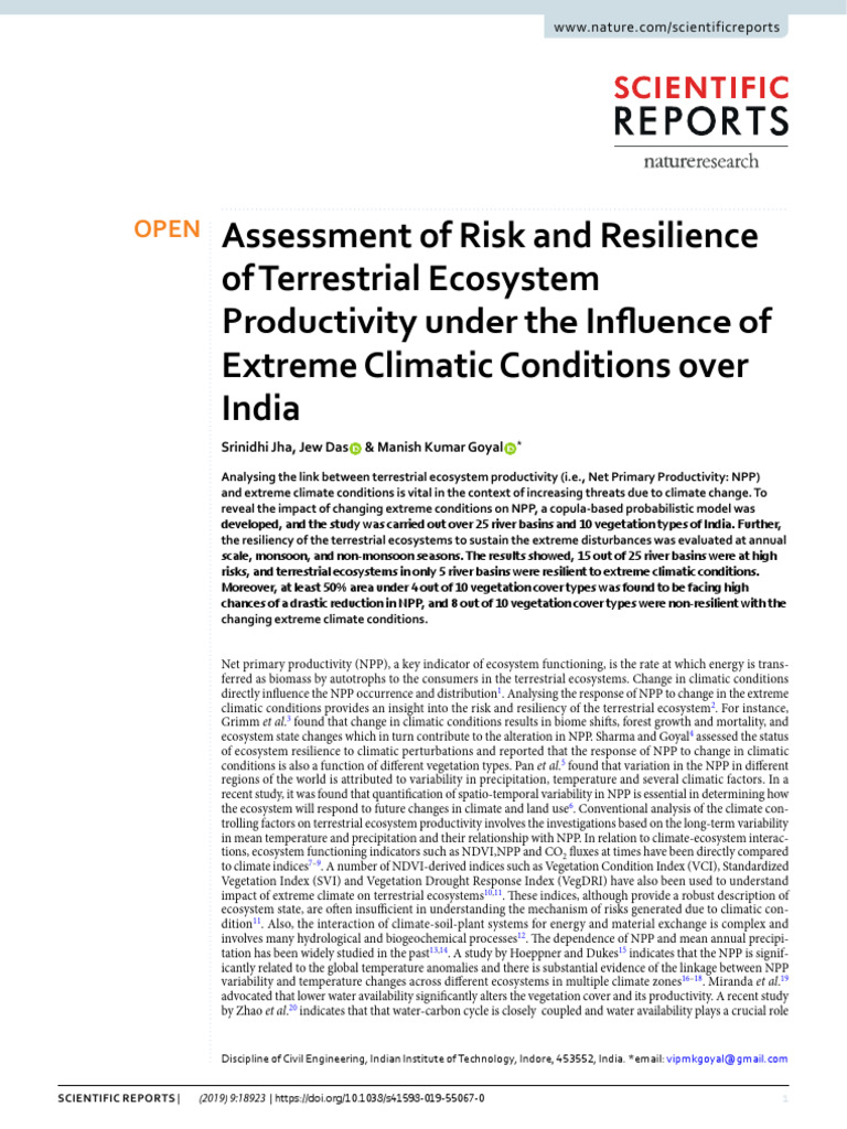 Assessment of Risk and Resilience of Terrestrial Ecosystem Extreme ...