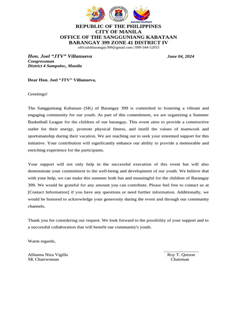 Solicitation Letter For SK Summer Basketball League | PDF