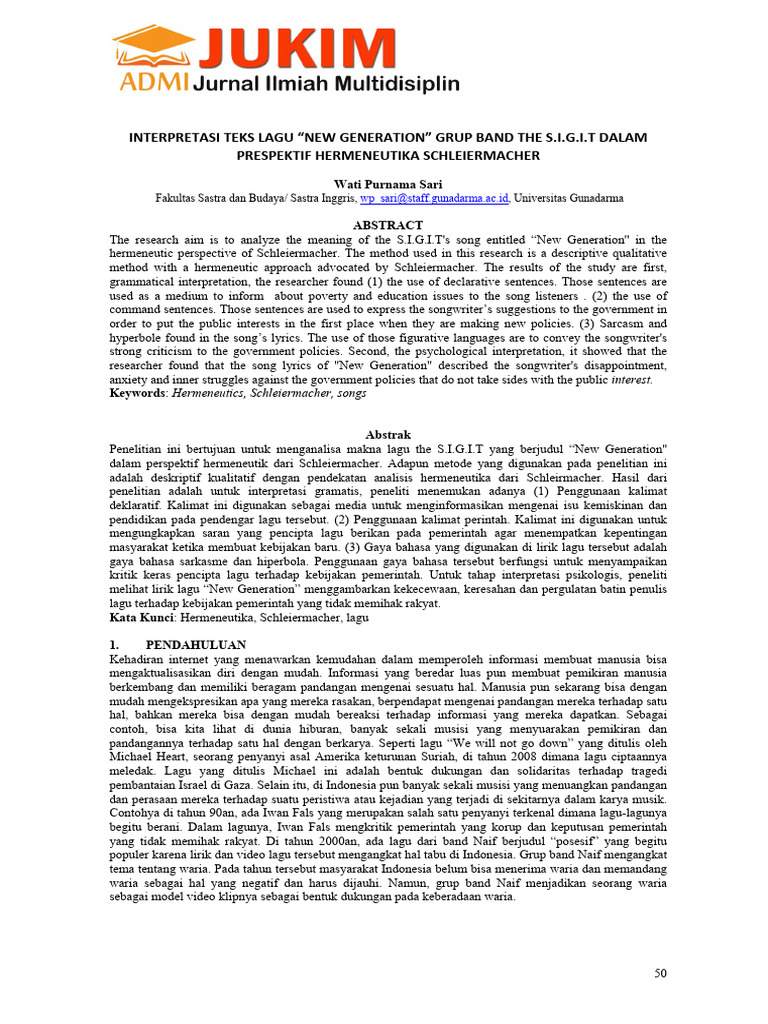 Interpretasi Teks Lagu "New Generation" Grup Band The S.I.G.I.T | PDF ...