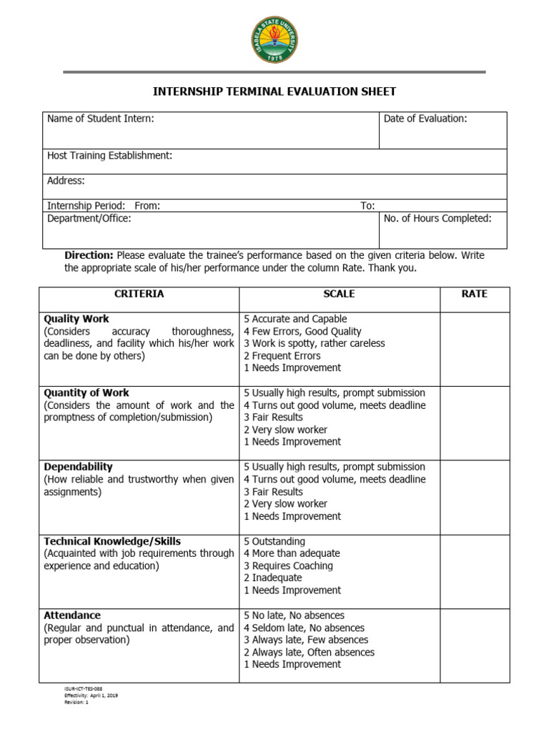 New Internship Terminal Evaluation Sheet | PDF | Cognition