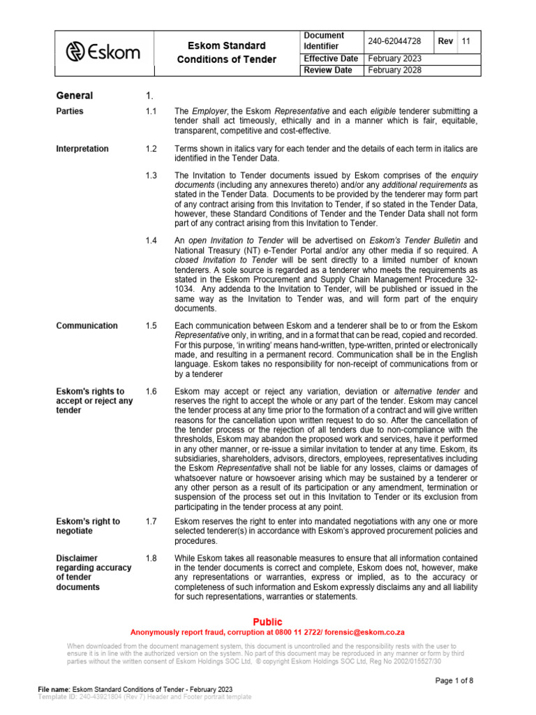 Eskom Standard Conditions of Tender - 22 February 2023 | PDF ...
