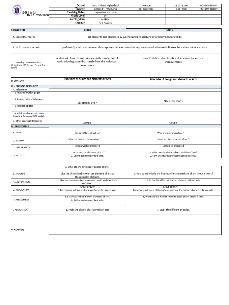 Music Arts Physical Education and Health Lesson Plan | PDF