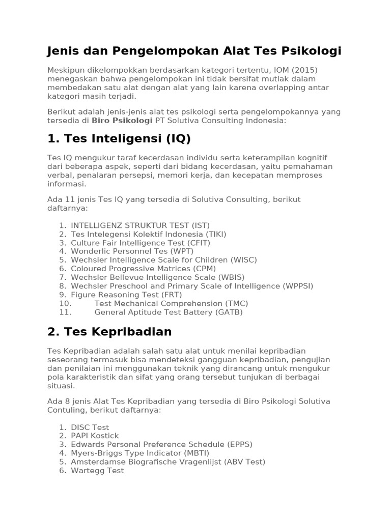 Kategori dan Jenis Alat Tes Psikologi | PDF