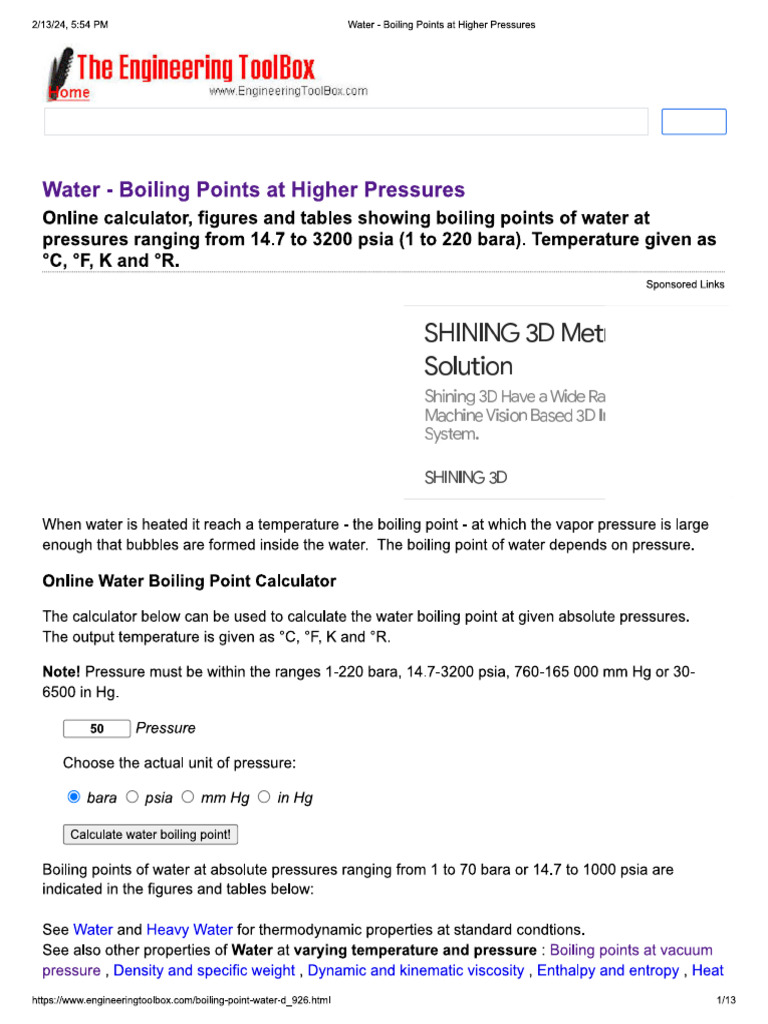 Water - Boiling Points at Higher Pressures | PDF
