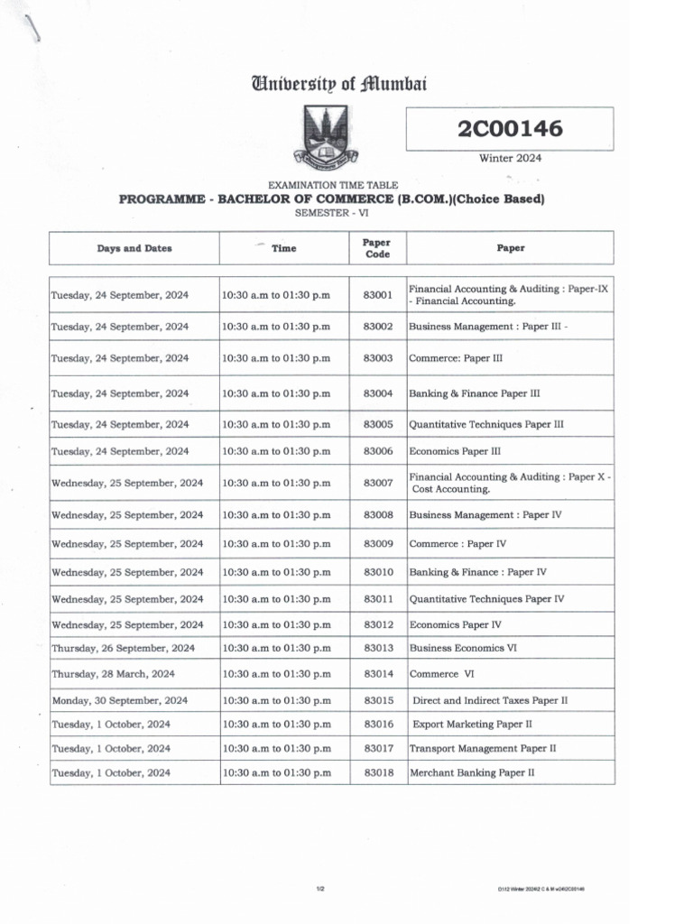 Tybcom Sem Vi Sept 2024 Time-Tabe | PDF