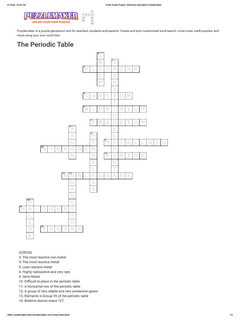 Criss Cross Puzzle - Discovery Education Puzzlemaker WITH ANSWER | PDF ...