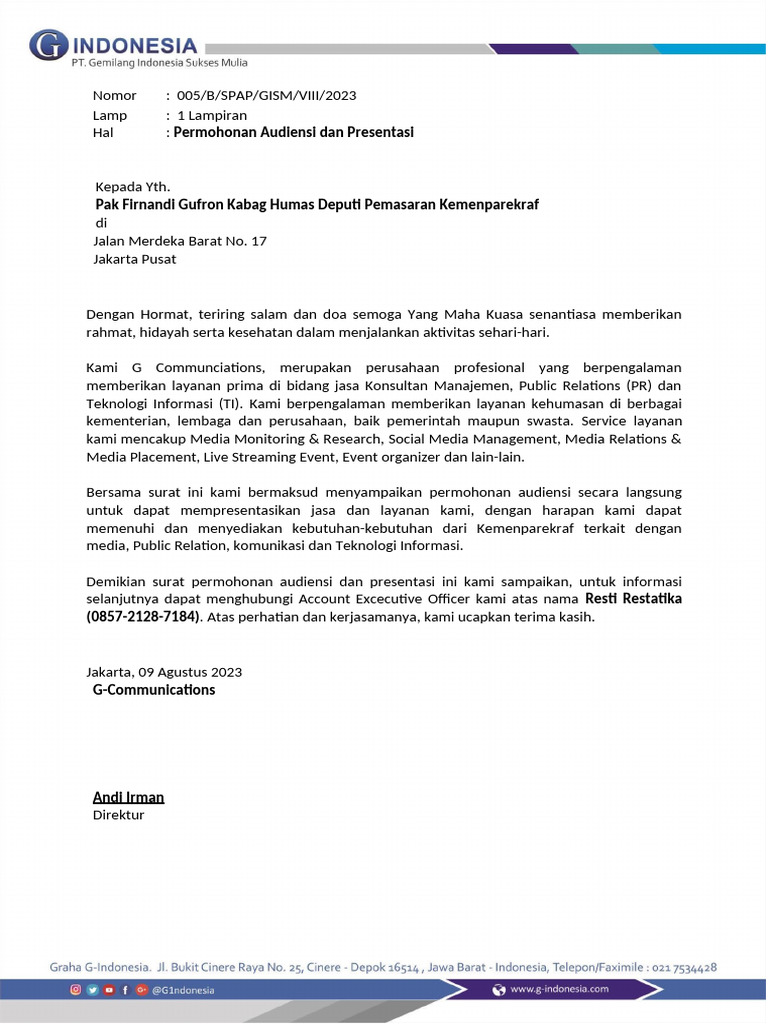 Surat Permohonan Audiensi Kemenparekraf Pdf