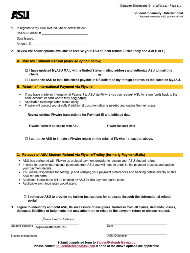 Mail ASU Student Refund : Mark An Option Below | PDF