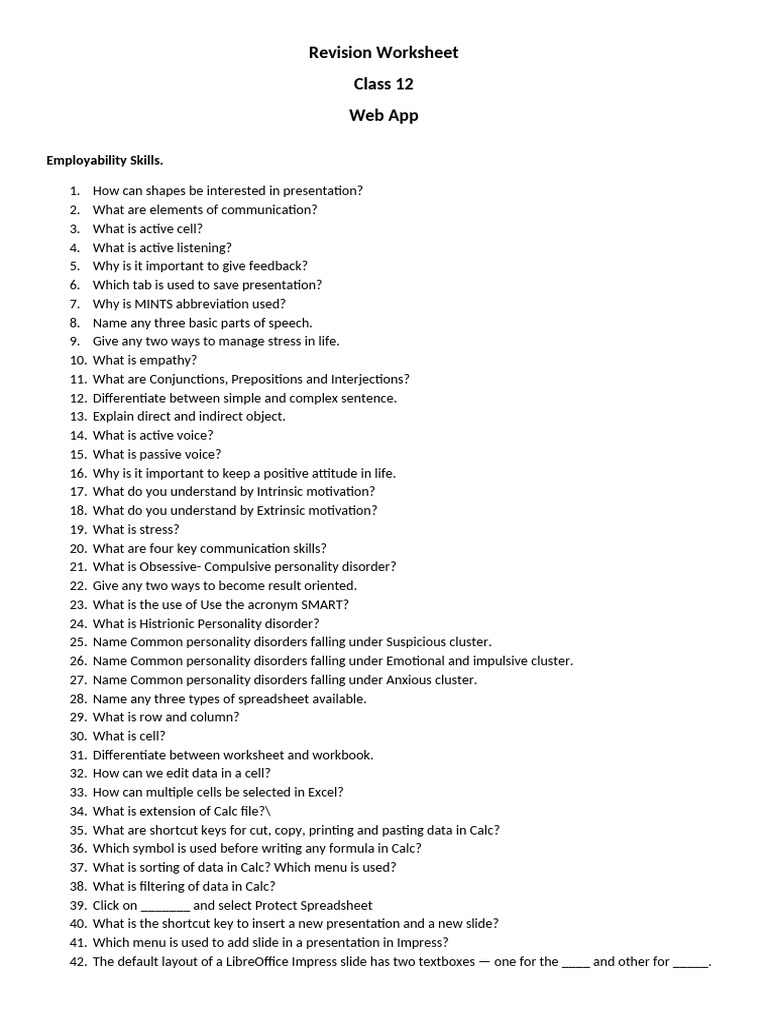 Class 12 Employability Skills Revision Worksheet | PDF