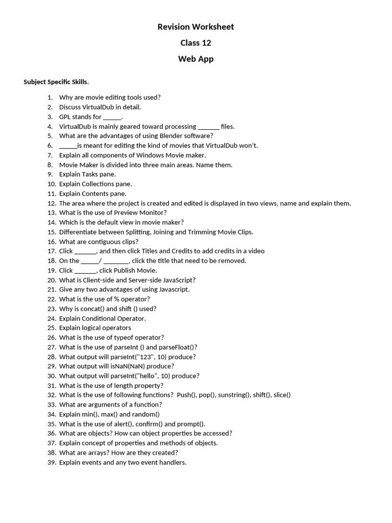 Class 12 Subject Skills Revision Worksheet | PDF | Java Script ...