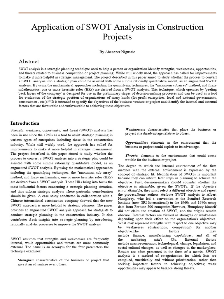 Application of SWOT Analysis in Construc | PDF