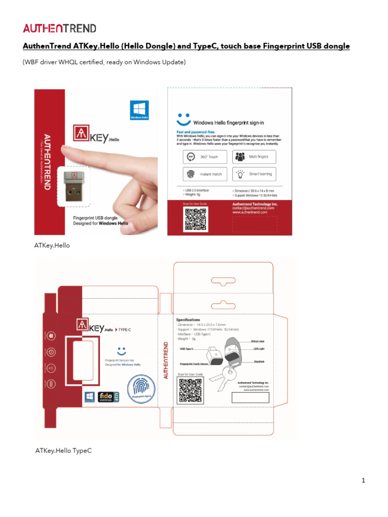 AuthenTrend ATKey - Hello Driver and Fingerprint User Guide | PDF