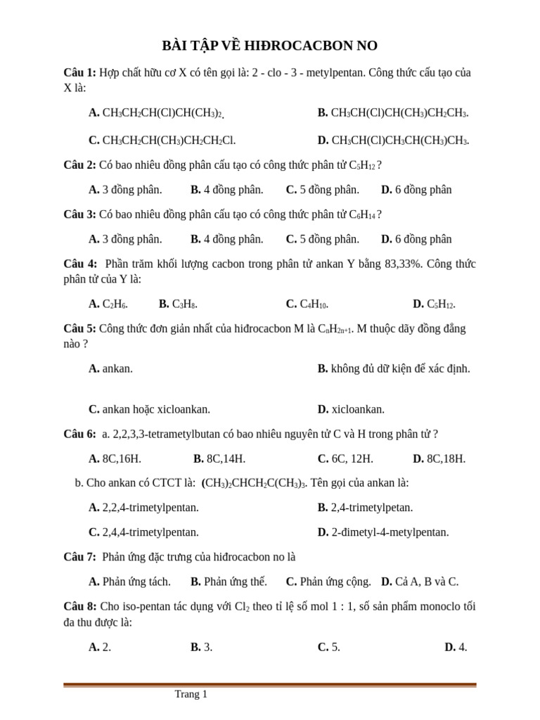 BÀI TẬP HIDROCACBON NO | PDF