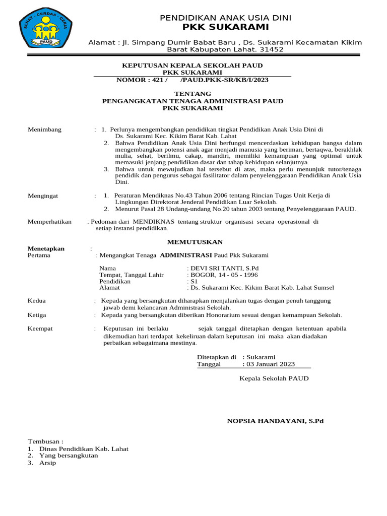 SK Administrasi PAUD | PDF