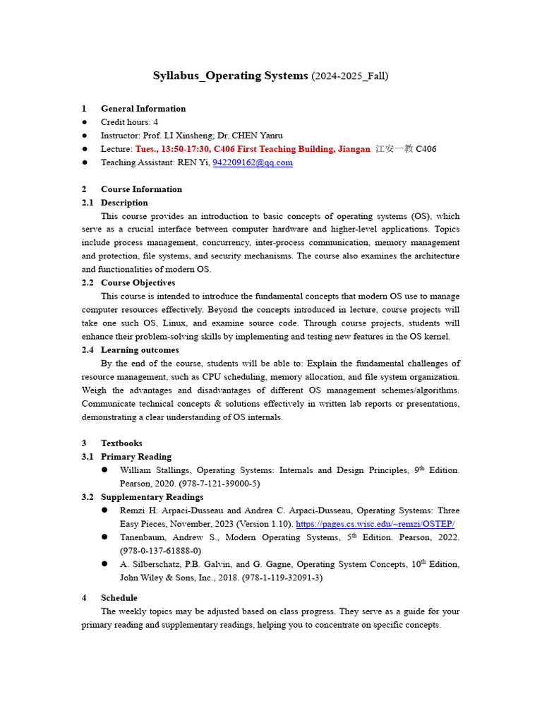 1 Syllabus SE Operating Systems 2024-2025 Fall | PDF