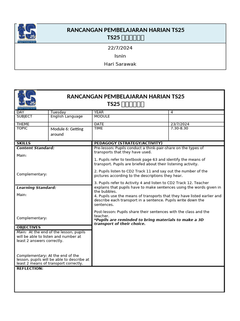 Rancangan Pembelajaran Harian Ts25 TS25: 22/7/2024 Isnin Hari Sarawak | PDF