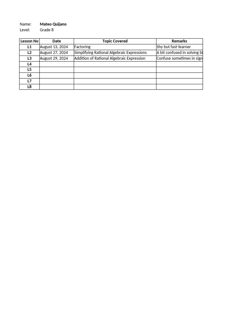 Lesson Tracking Sheet 2024 | PDF