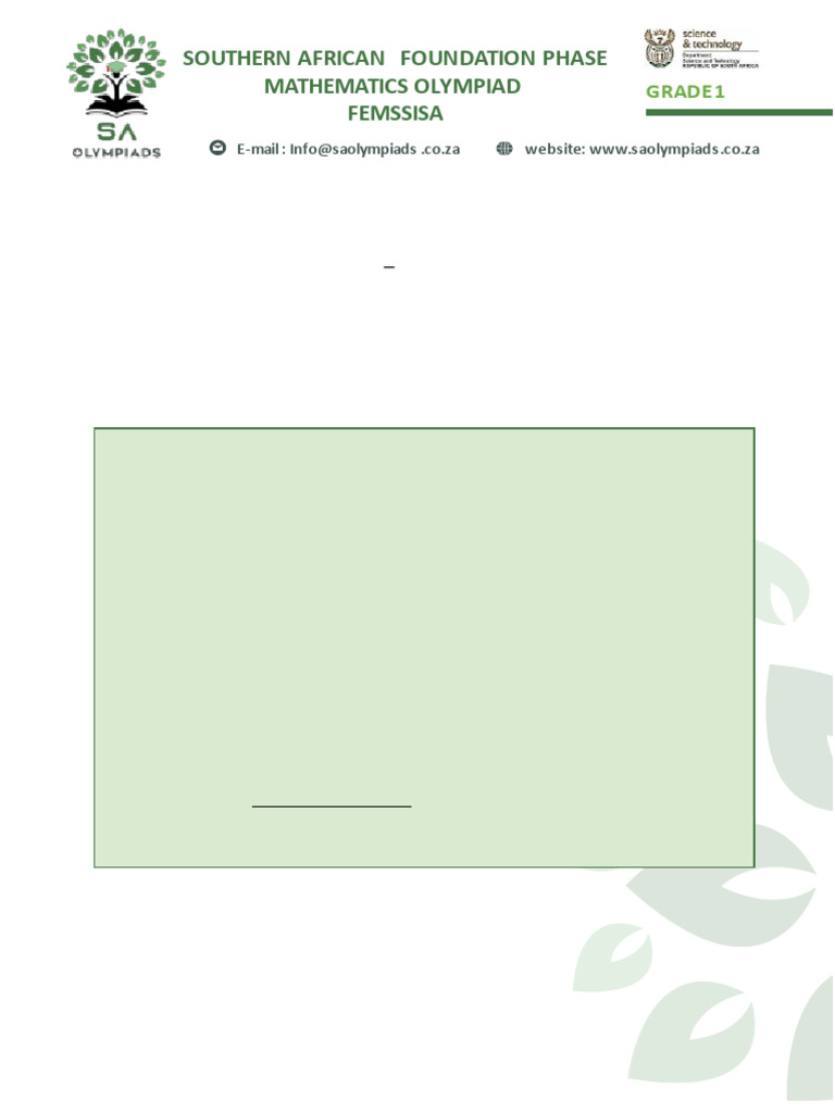 FEMSSISA Grade 1 Mathematics Olympiads 2022 | PDF