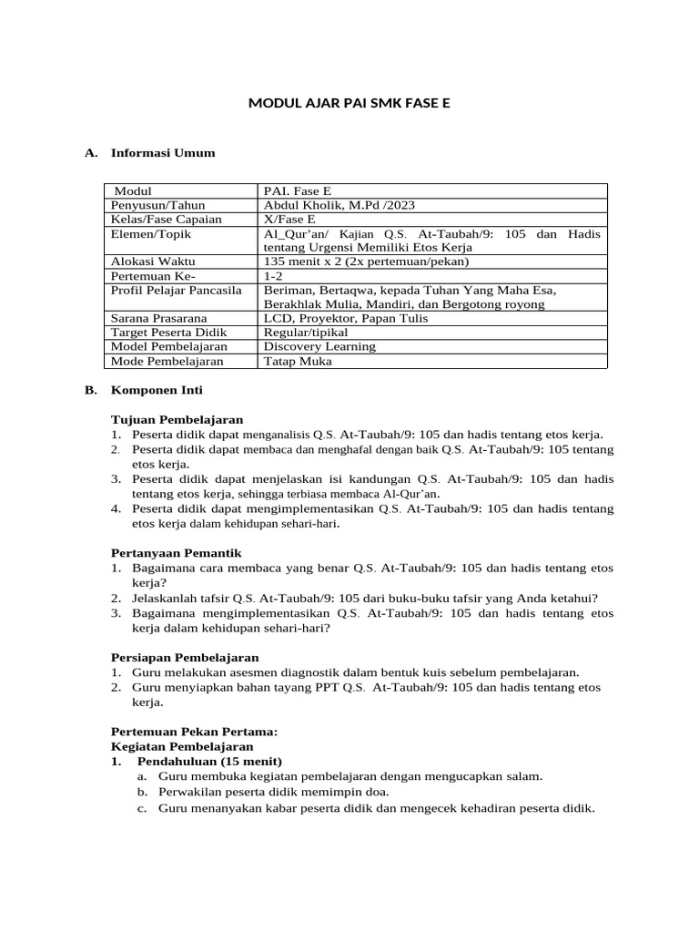 MODUL AJAR 2 PAI SMK KELAS X BAB 2 - Oke-Fin | PDF