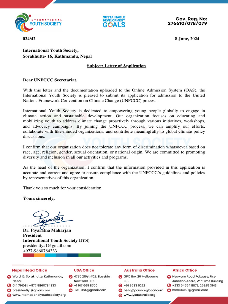 International Youth Society UNFCCC Application | PDF | United Nations ...