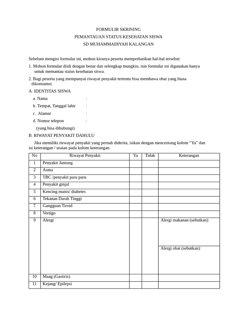 Formulir Skrining Uks | PDF | Pengembangan Diri