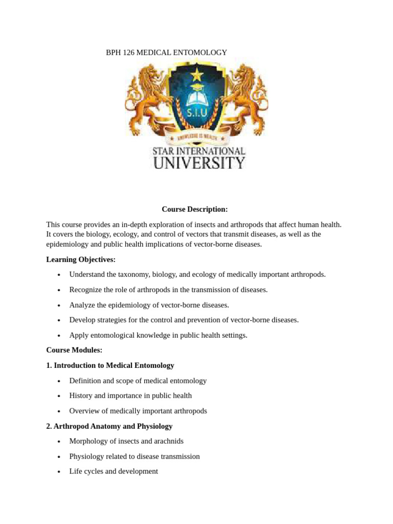 BPH 126 Medical Entomology Notes | PDF