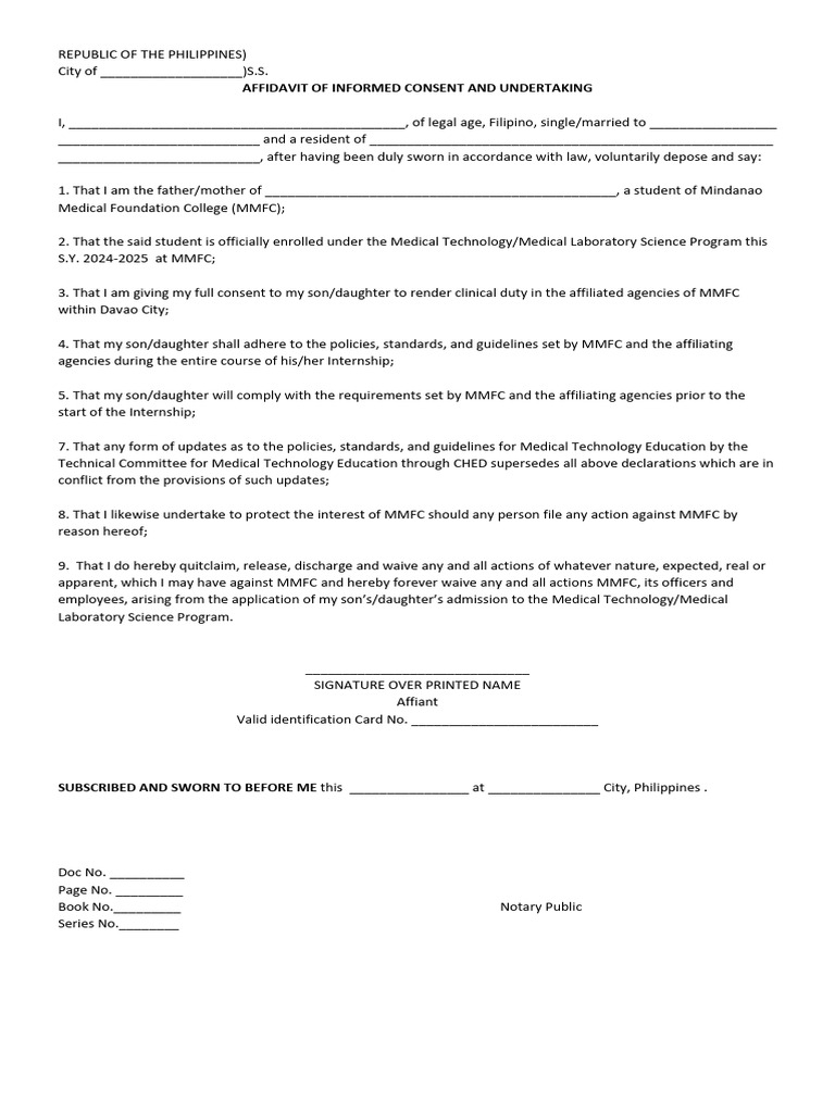 Internship Affidavit of Informed Consent and Undertaking | PDF
