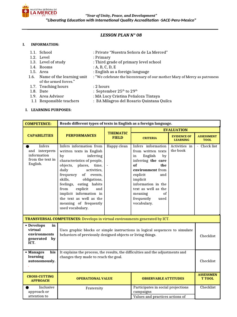 III TERM_LESSON PLAN 8_UNIT 06_3rd GRADE_QUINTANA | PDF