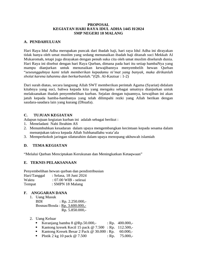 PROPOSAL KEGIATAN IDUL ADHA Docx | PDF