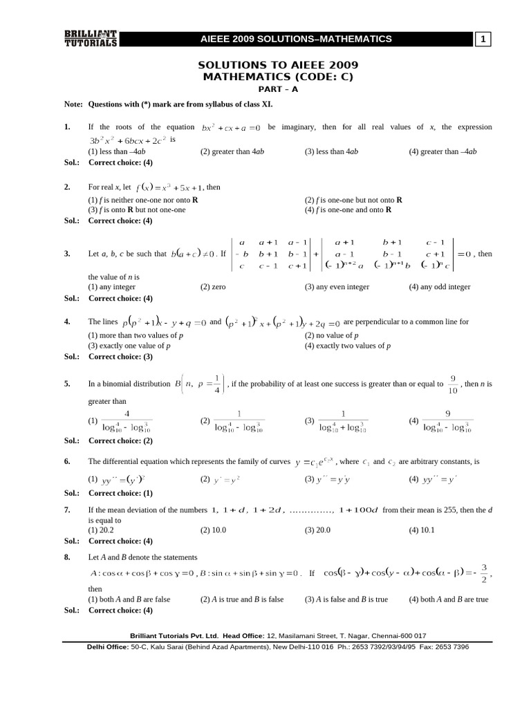 AIEEE-2009 - Maths (Answer Keys) | PDF