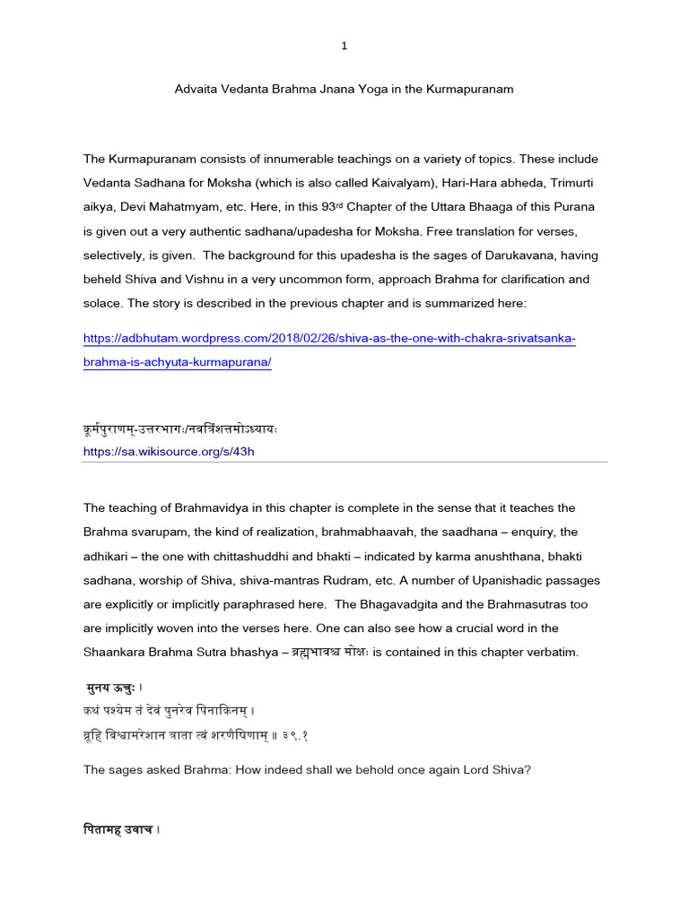 Advaita Vedanta Brahma Jnana Yoga in The Kurmapuranam - Docx F | PDF