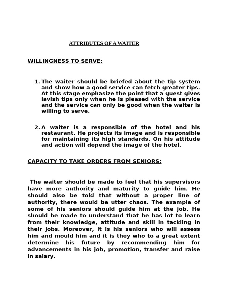 Food & Bevergae Service Theory (Attributes of A Waiter) | PDF