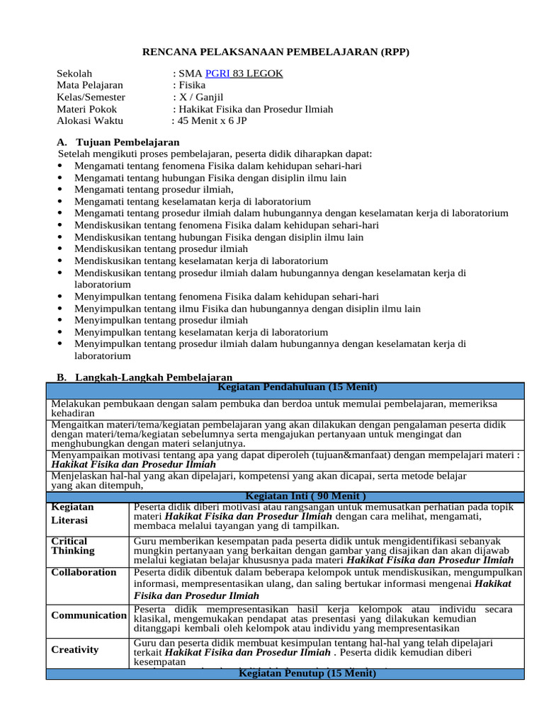 Contoh RPP 1 Lembar | PDF